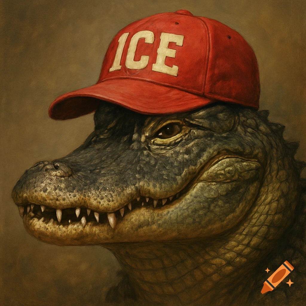 A realistic painting of an alligator wearing a red baseball cap with ...