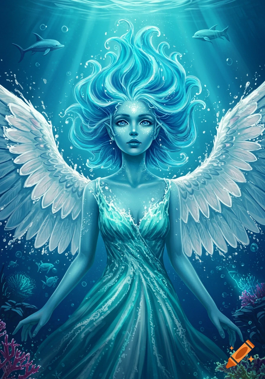 A blue-skinned angel with white wings and blue flowing hair, standing ...