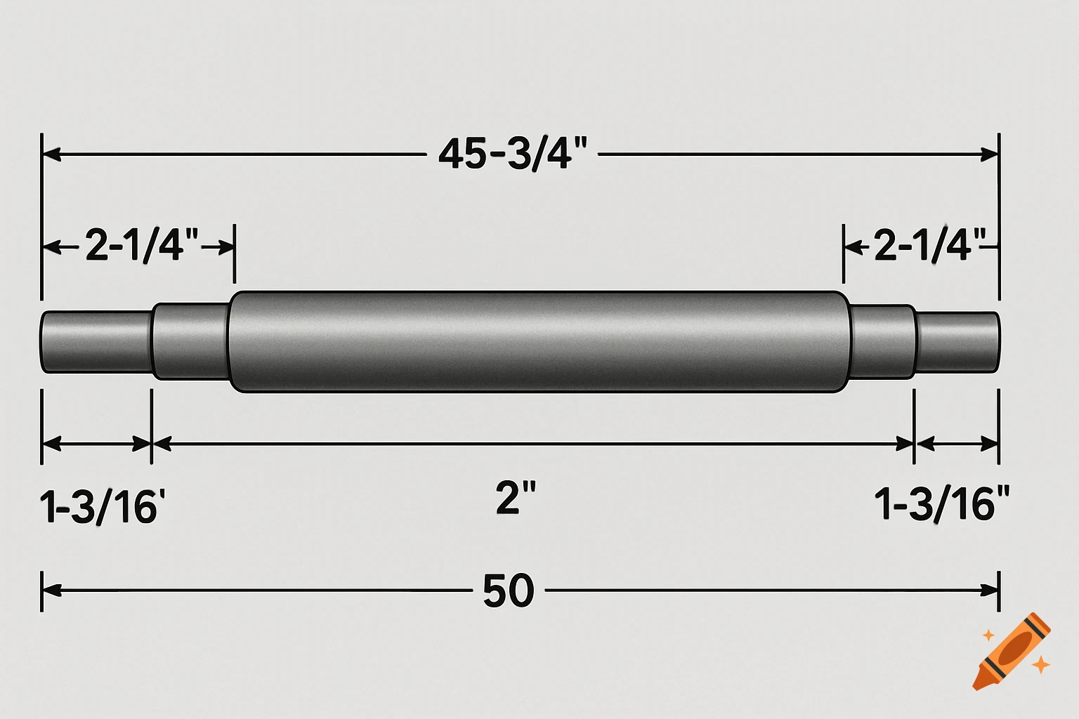 A technical drawing of a gray cylindrical shaft with multiple stepped ...