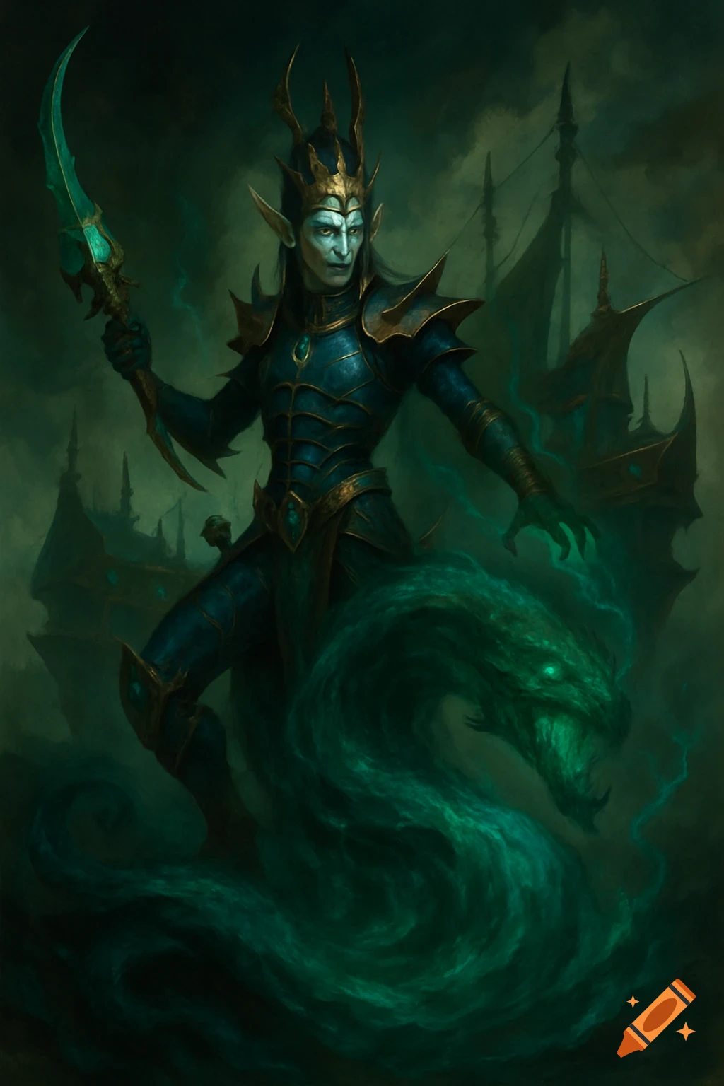 A dark elf king in blue and gold armor with a curved blade, alongside a ...