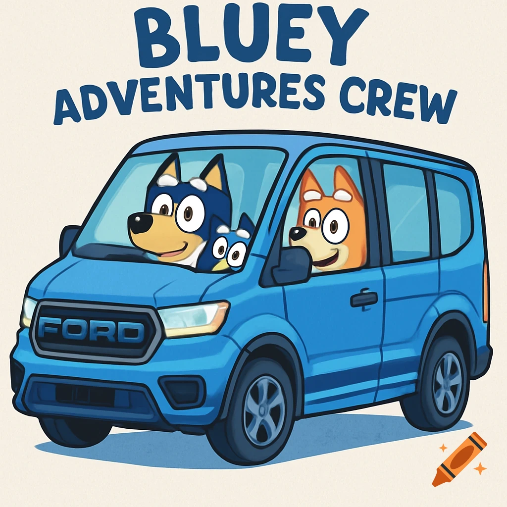 Cartoon of Bluey characters in a blue Ford van with "BLUEY ADVENTURES ...