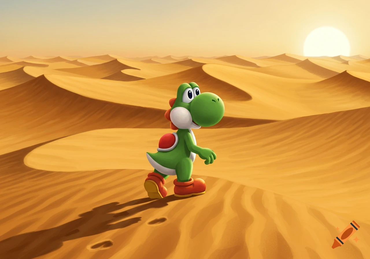 Yoshi, the green dinosaur, walks across sand dunes in a desert at ...