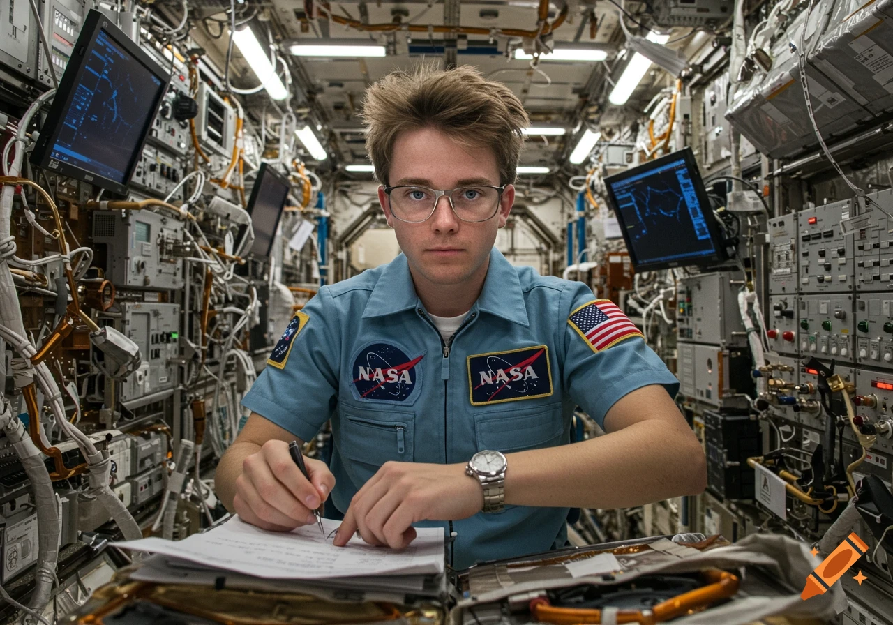 A young male engineer in a NASA uniform writes on papers inside a ...