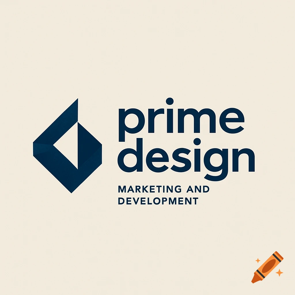 Dark blue abstract geometric logo next to 'prime design' and 'MARKETING ...