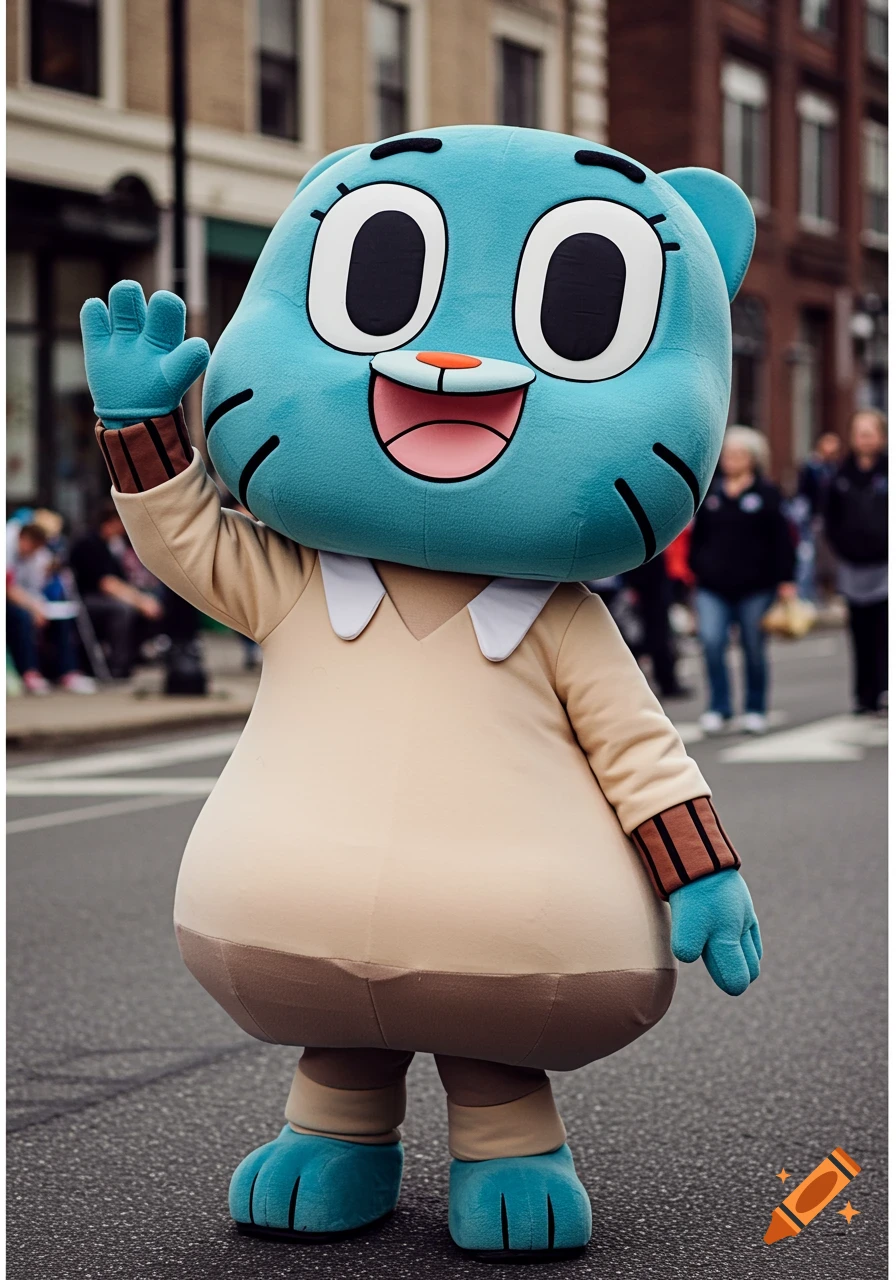 A person in a large blue Gumball Watterson mascot costume waves on a ...