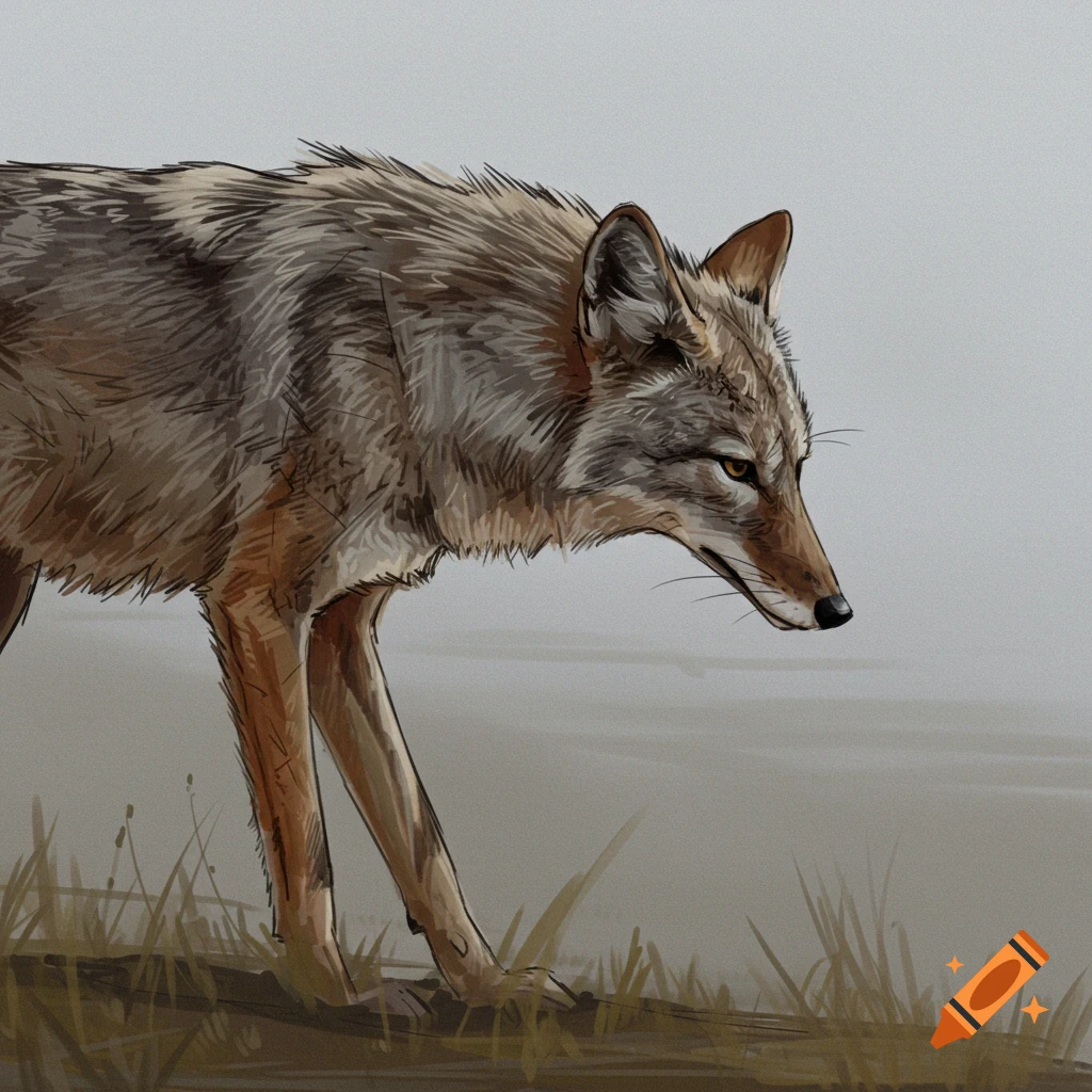 A rough digital sketch of a coyote with melancholic expression, walking ...