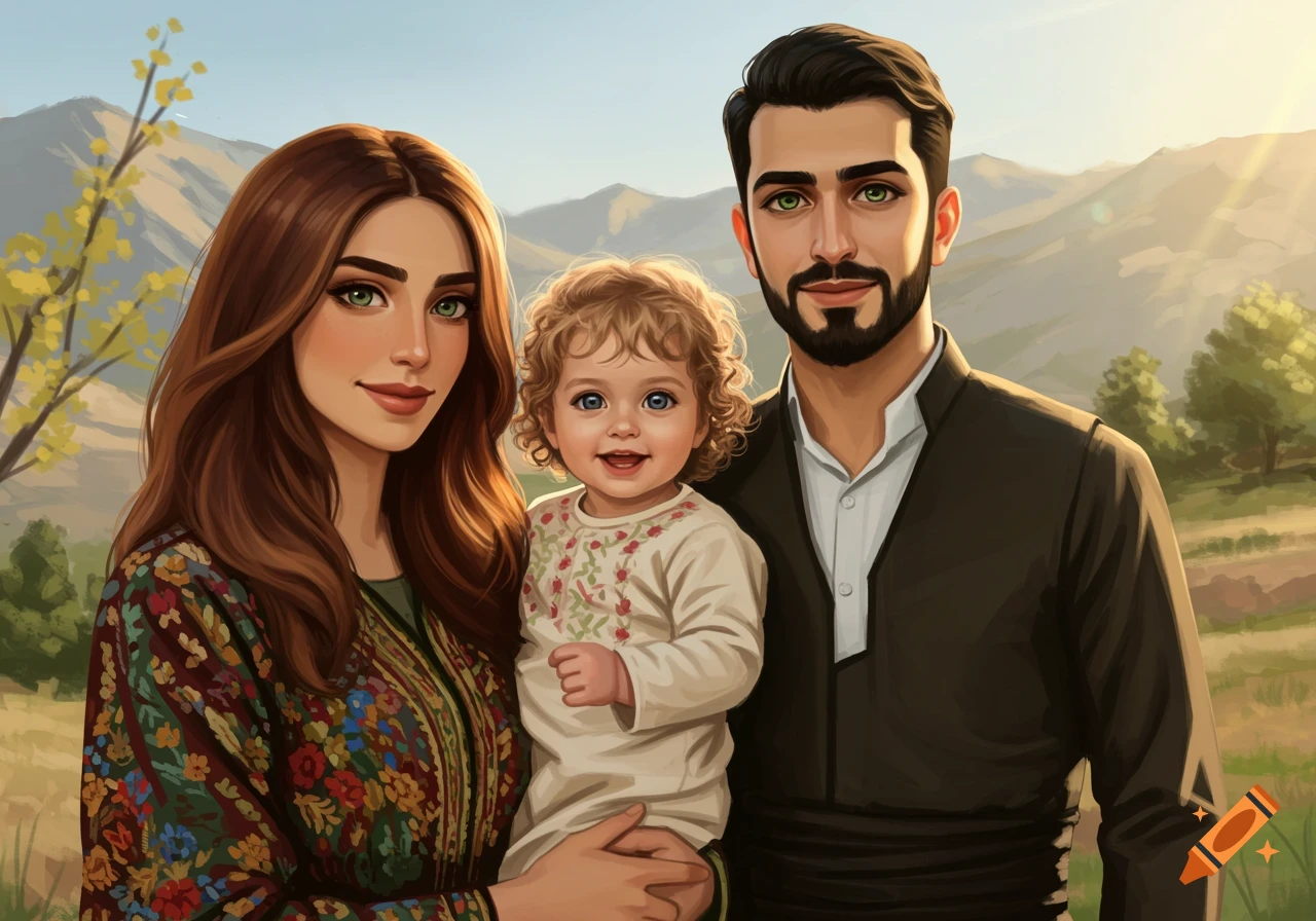 Illustrative portrait of a smiling Kurdish family, including a mother ...