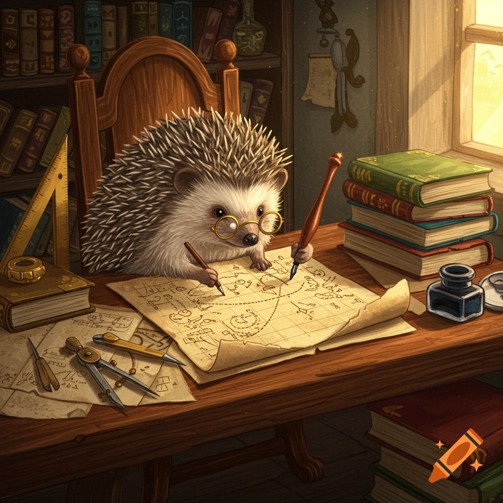 A bespectacled hedgehog sits at a wooden desk, diligently drawing a map ...