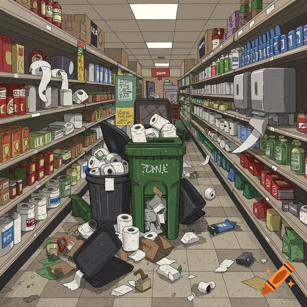An illustration of a messy grocery store aisle with overflowing garbage ...