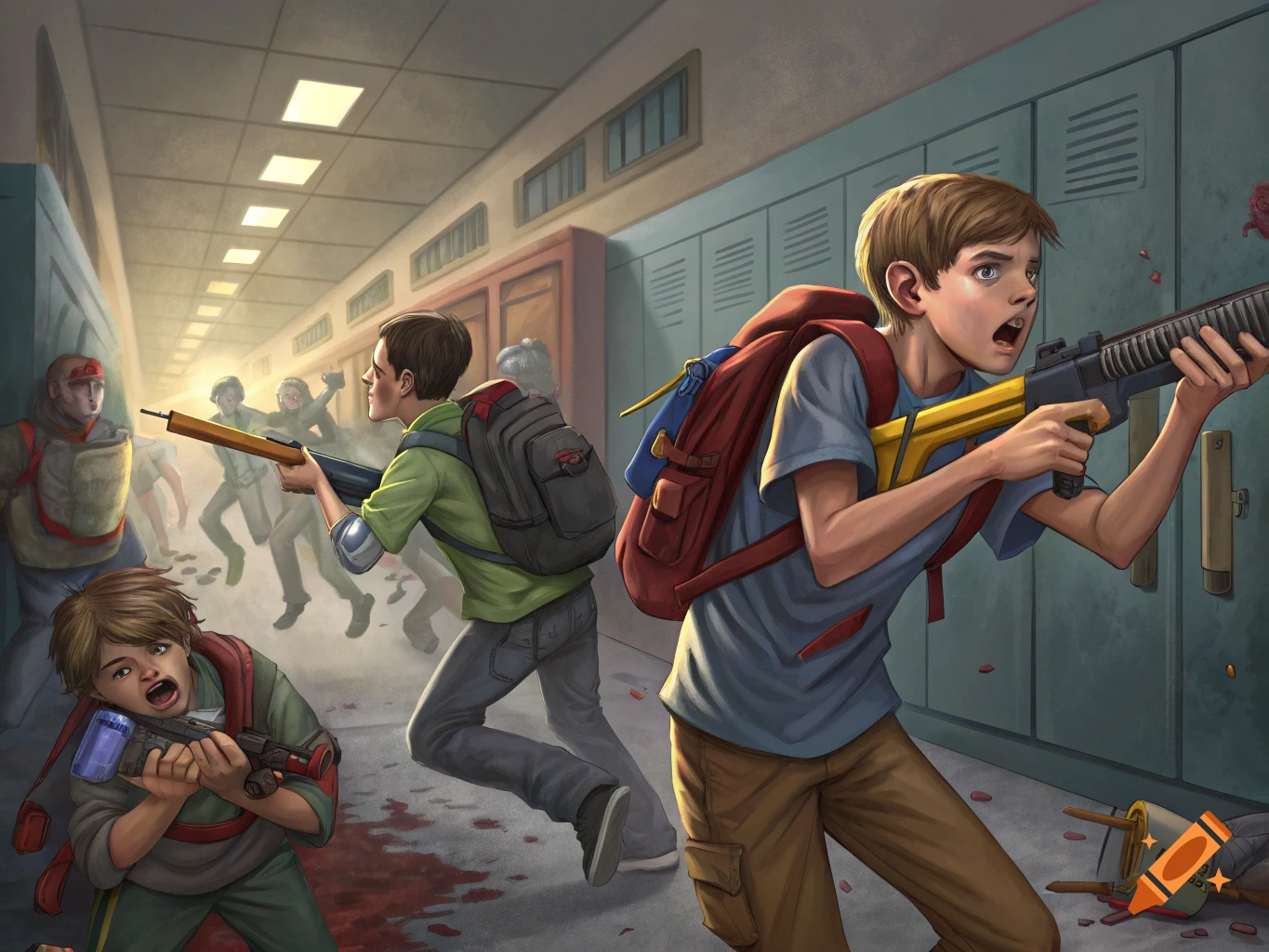 Schoolboys with makeshift weapons battle zombies in a bloody school ...