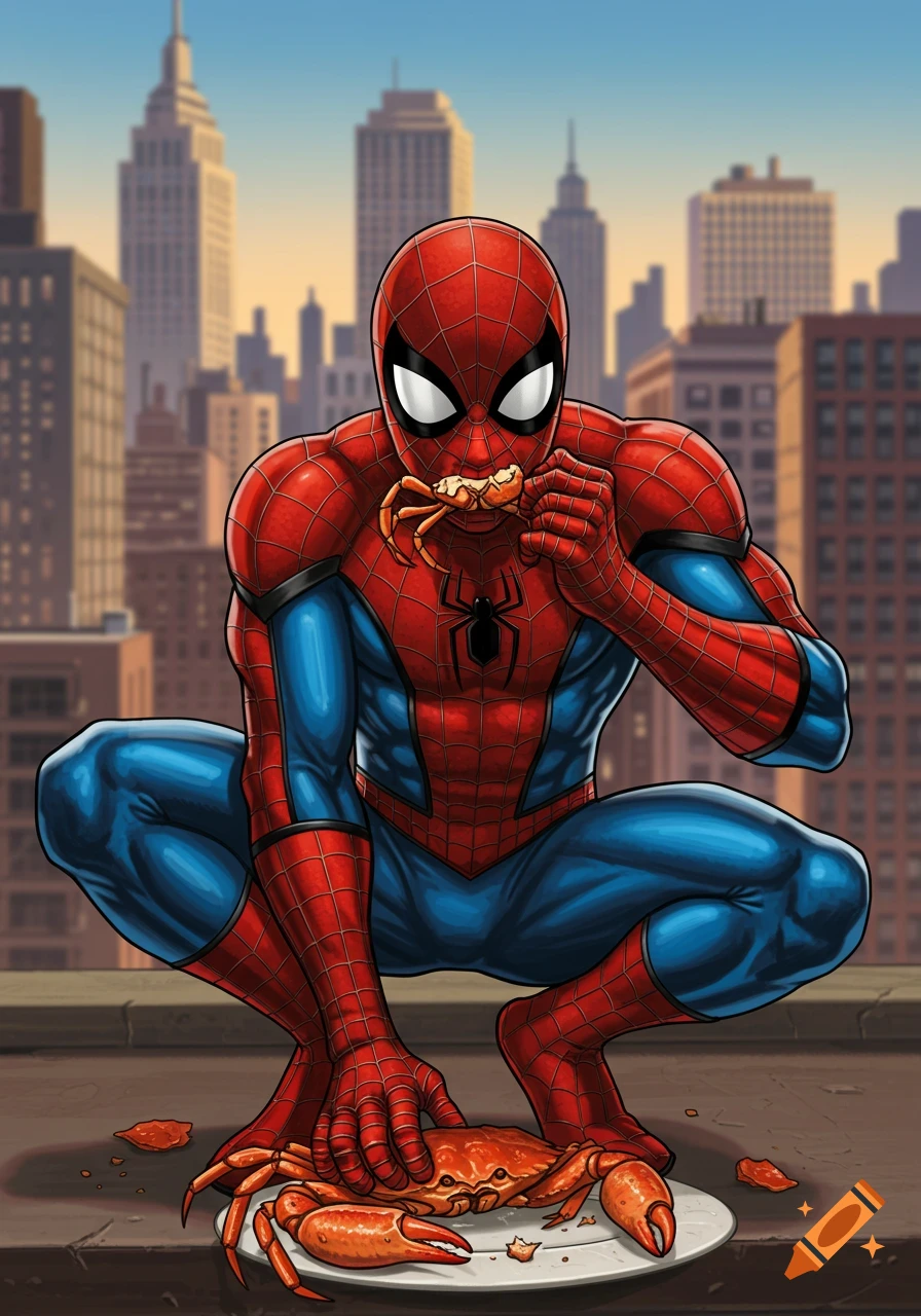 Spider-Man in his classic red and blue suit crouches on a rooftop ...