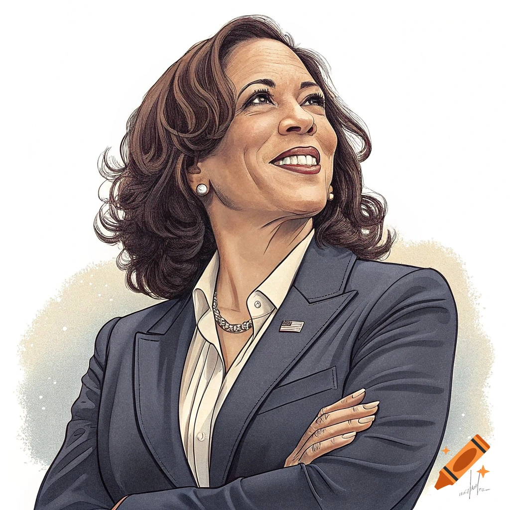 An illustrated portrait of Kamala Harris looking up and smiling ...