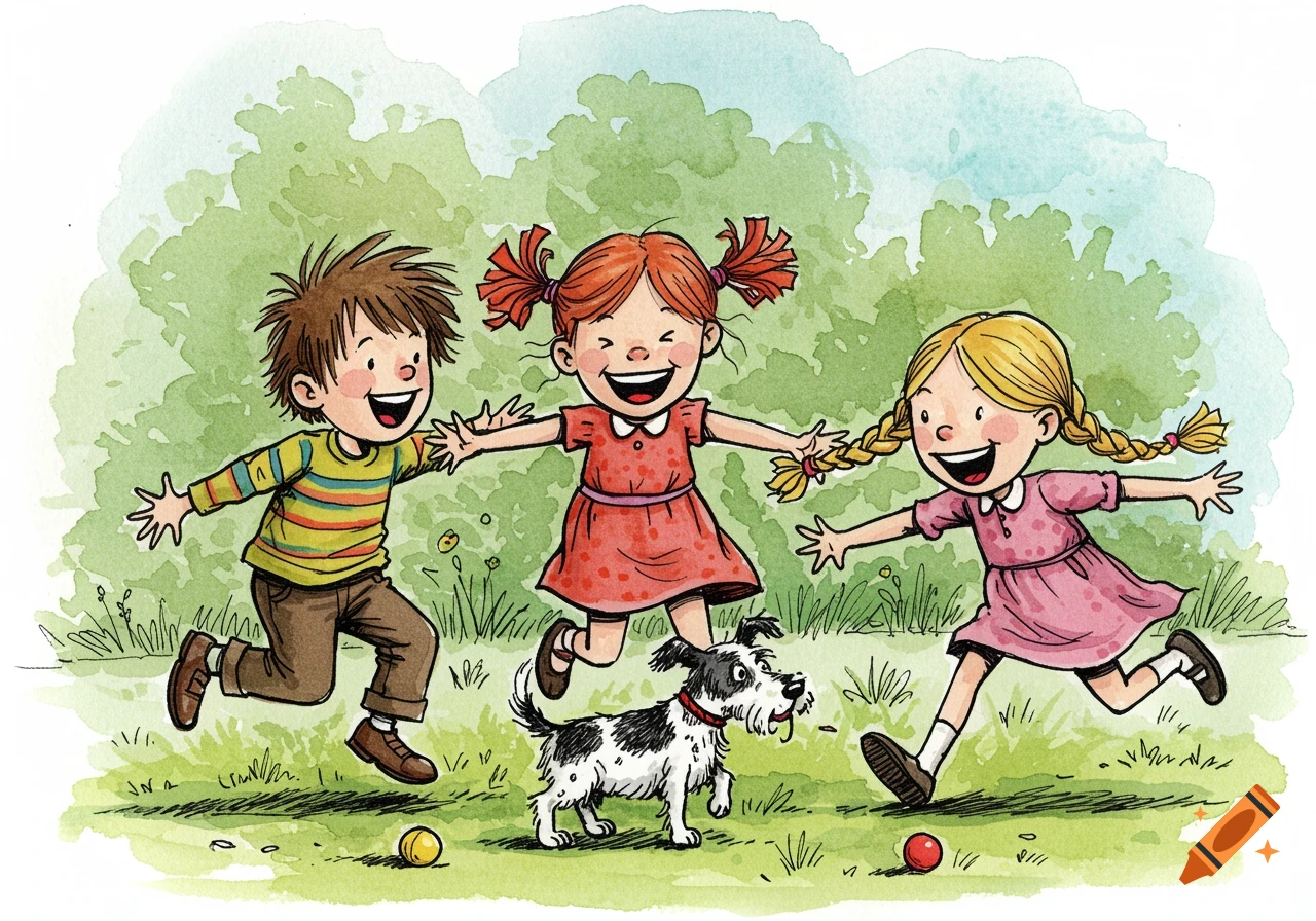 Quentin Blake style pen and watercolor illustration of three happy ...