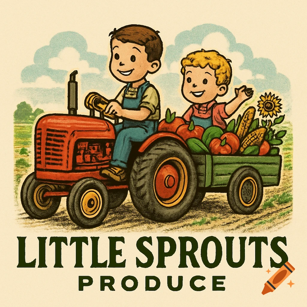 Cartoon logo of two boys on a red tractor pulling a wagon of vegetables ...