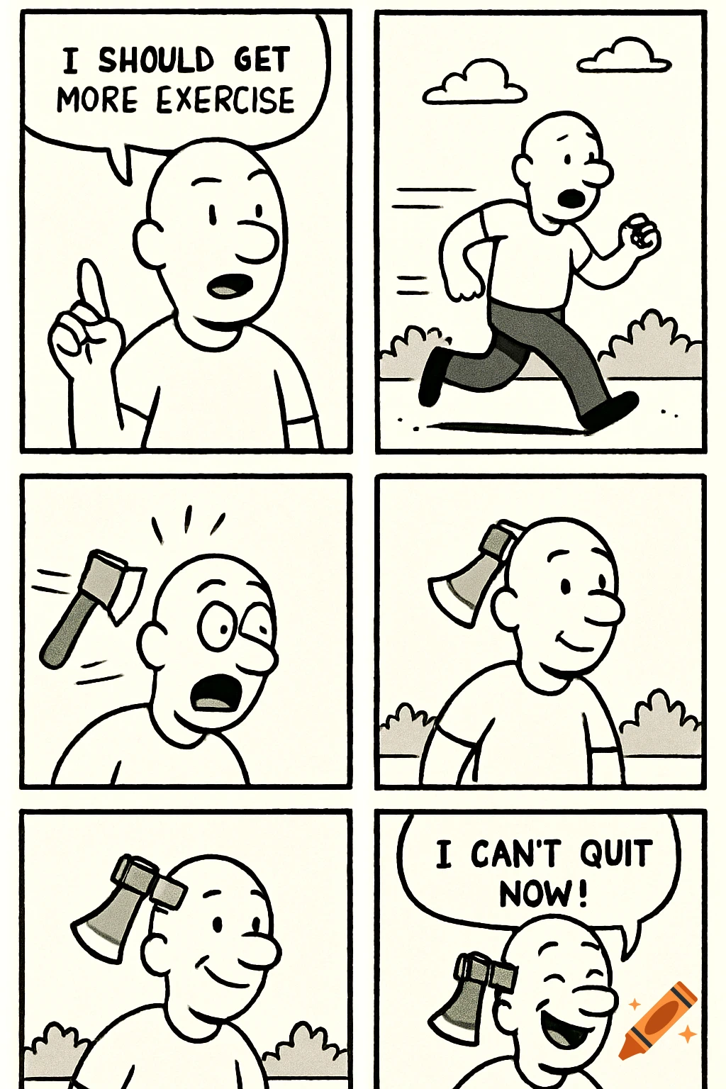 A six-panel comic strip shows a man deciding to exercise, starting to ...