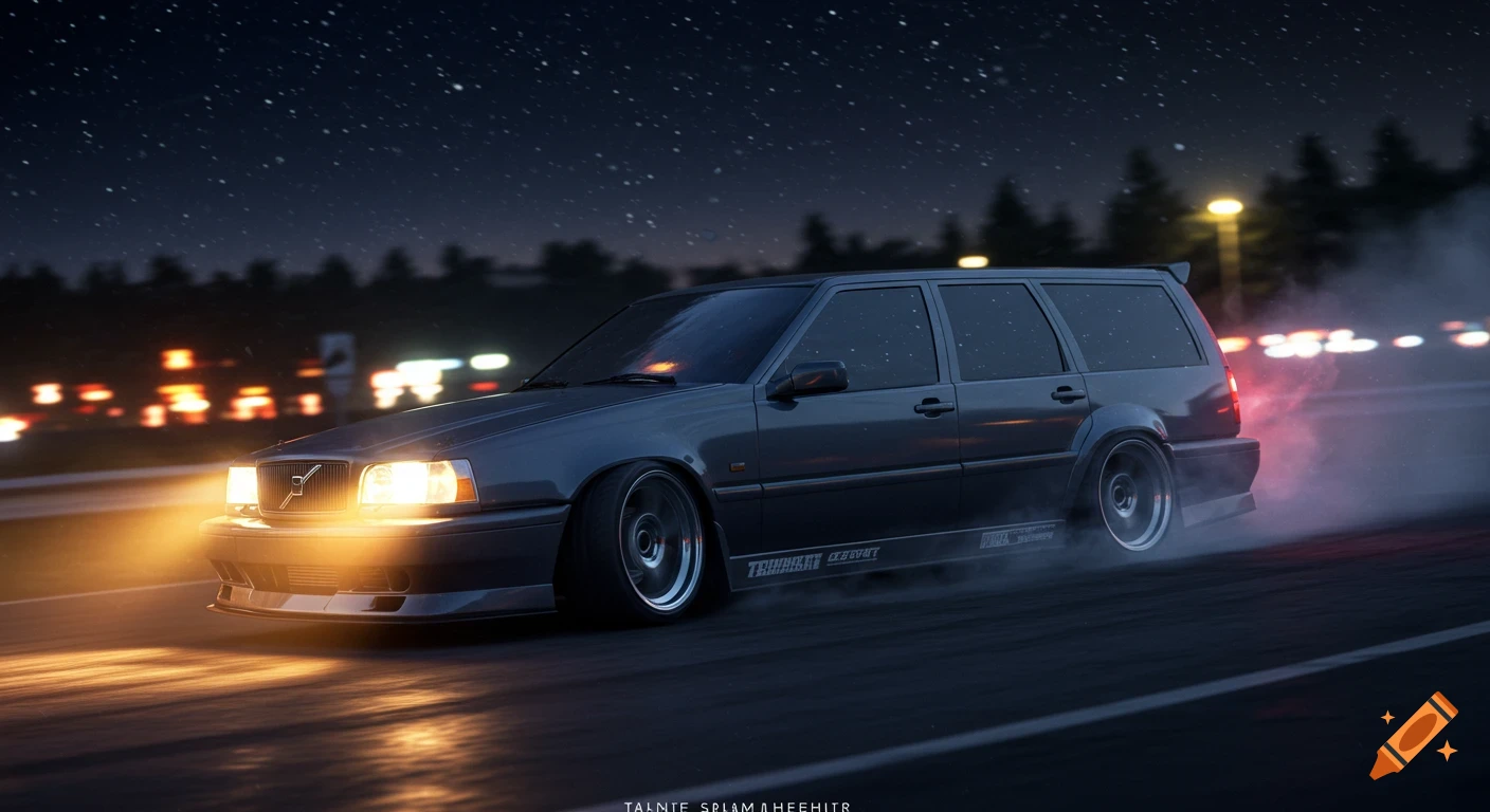 A dark grey Volvo 850R wagon drift car speeds at night, headlights on ...