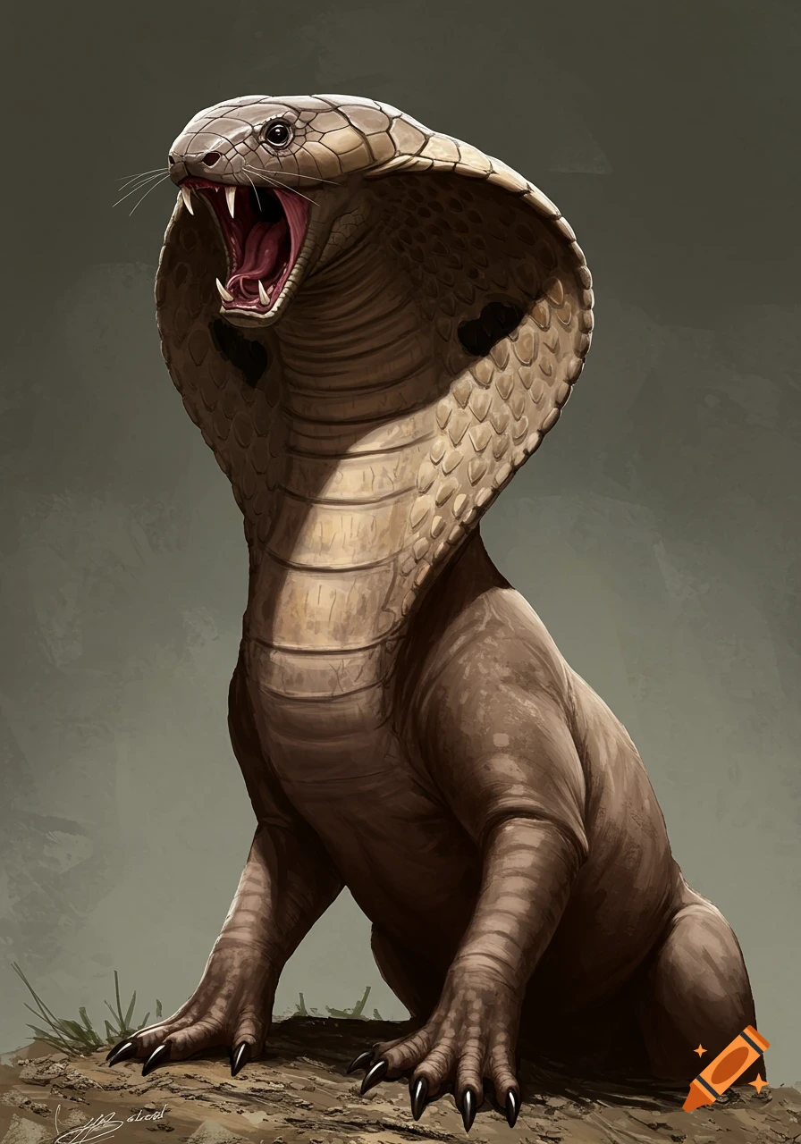 A brown, reptilian creature with a cobra head, fangs, and four clawed ...