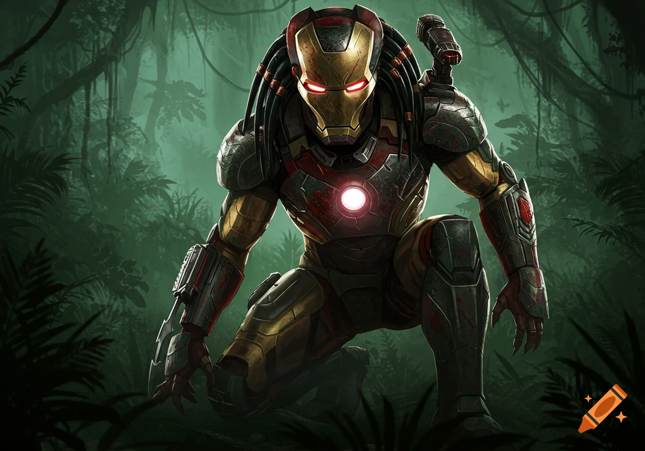 Iron Man with Predator dreadlocks and wrist blades, crouching in a dark ...