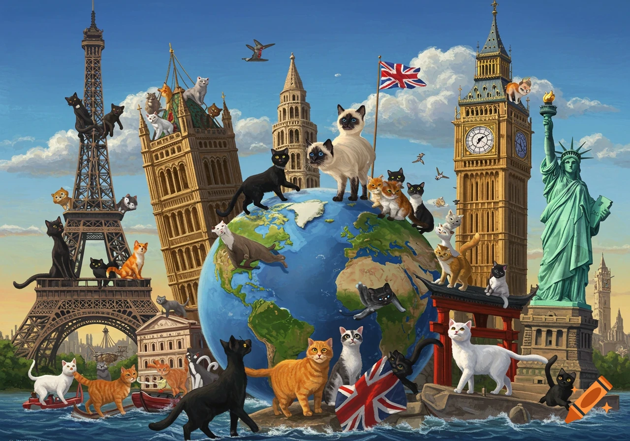 An illustration of many cats on a large globe, surrounded by world ...