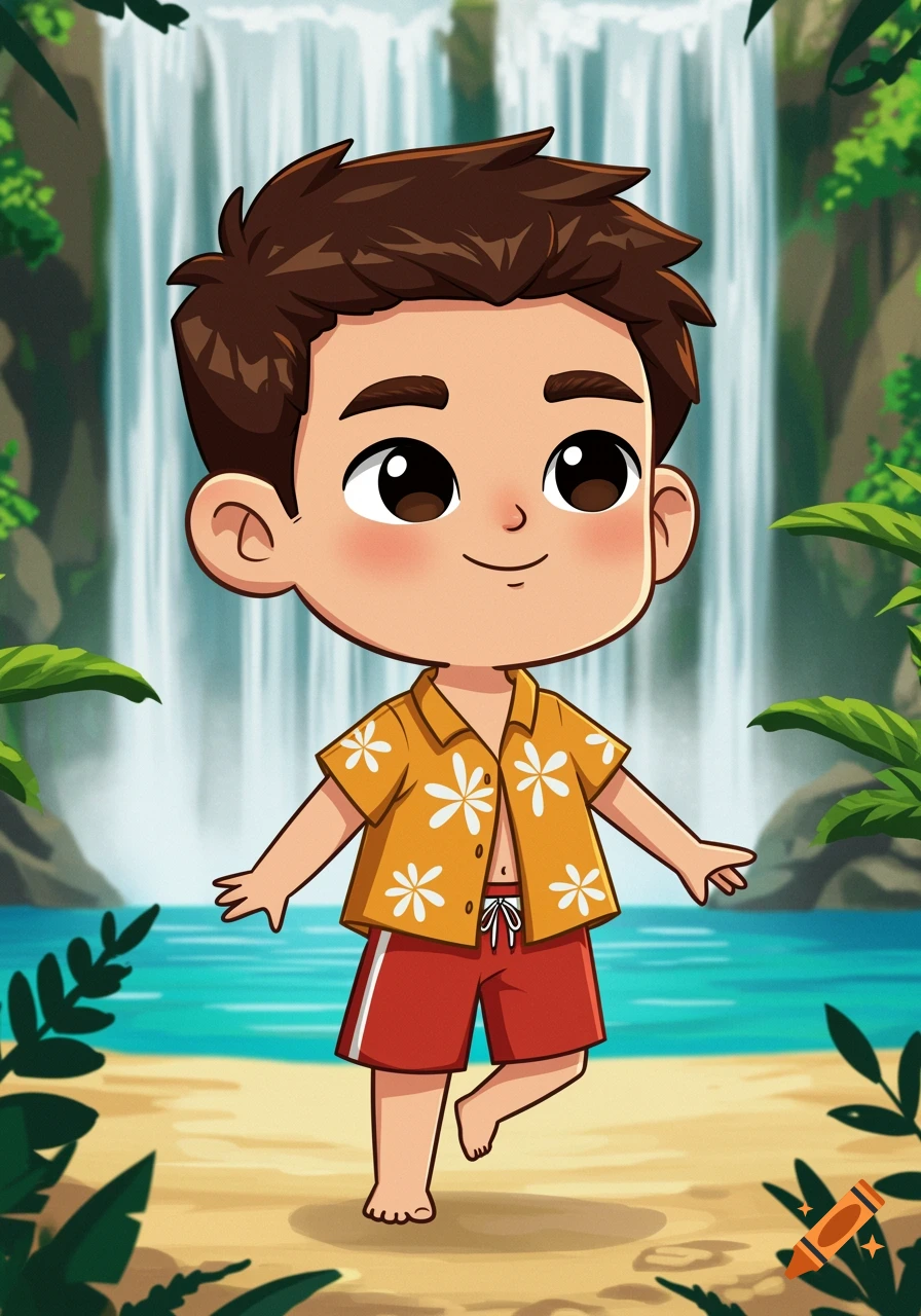 A cute cartoon boy in a Hawaiian shirt and red shorts on a sandy beach ...