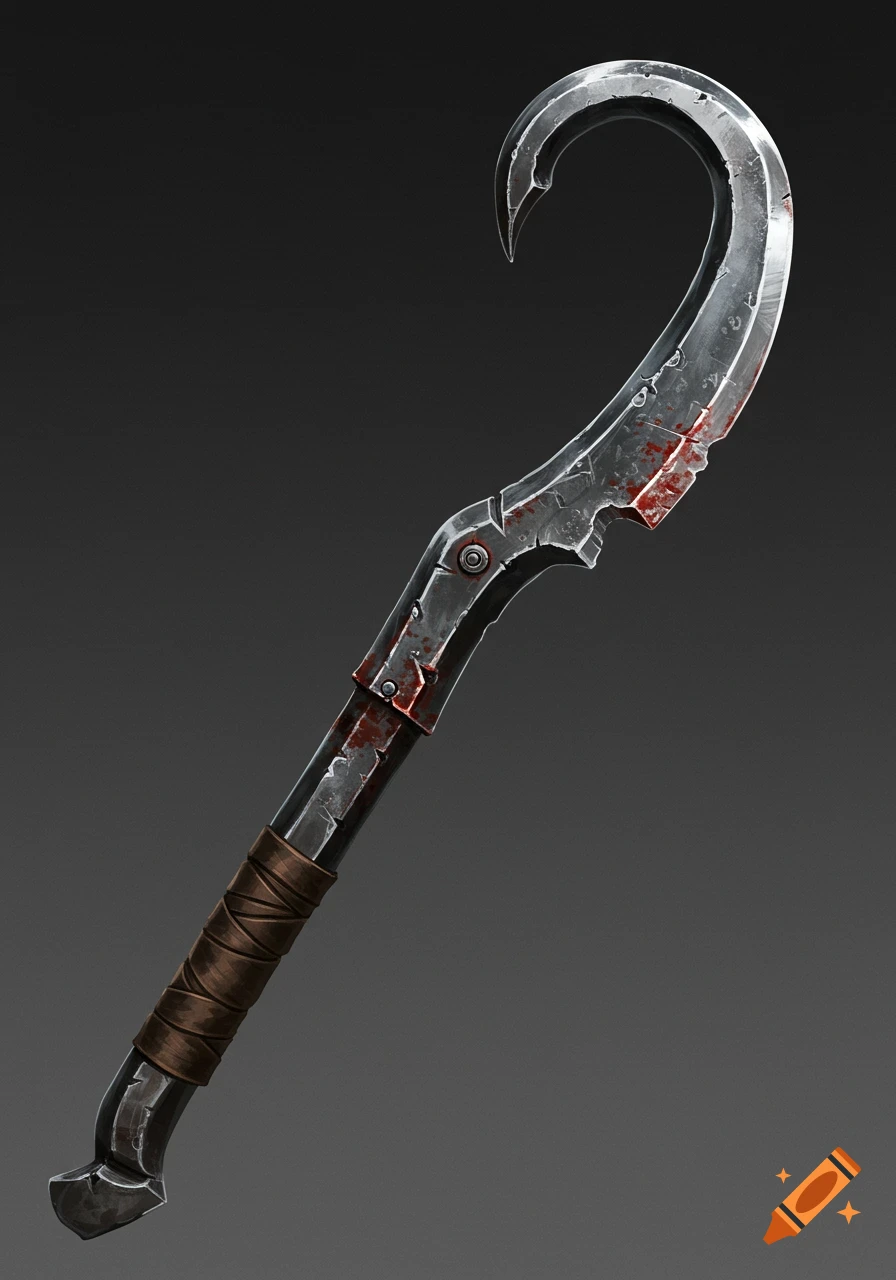 A detailed, curved metal hook sword with a leather-wrapped handle and ...