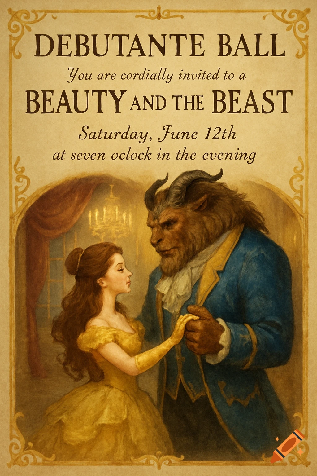 Vintage illustration of Belle and Beast dancing on a debutante ball ...