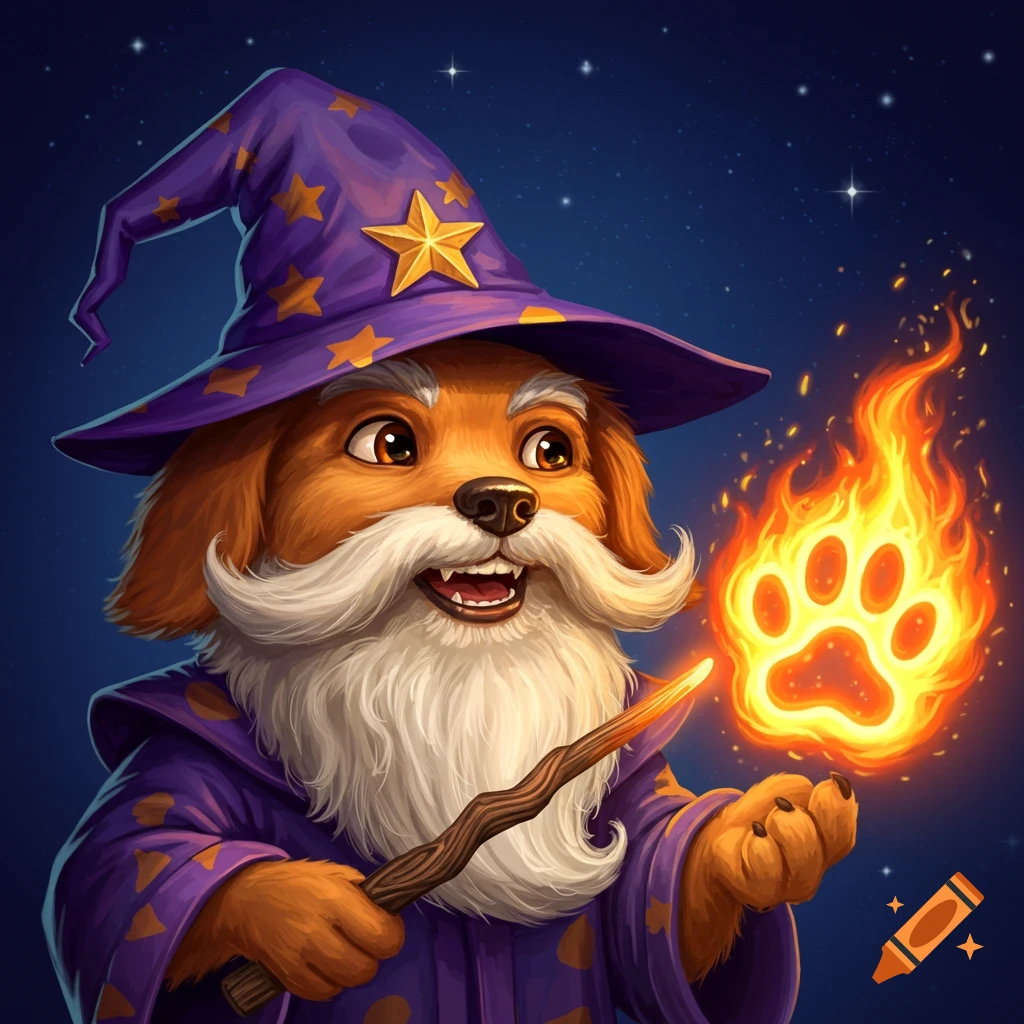 A happy wizard dog in a purple robe and hat casts a fire spell shaped ...
