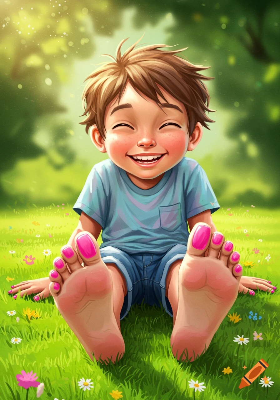 A smiling cartoon boy with pink toenails sits barefoot in a grassy ...