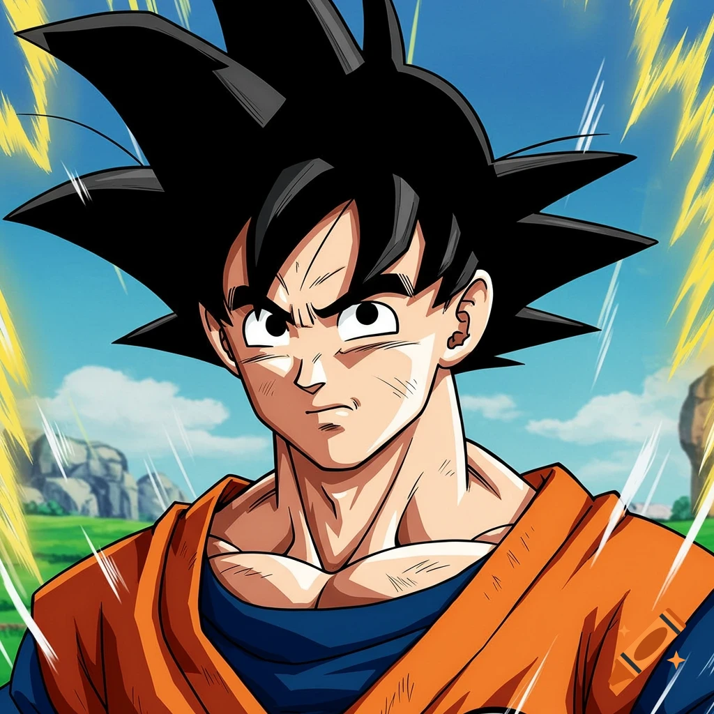 Close-up anime illustration of Goku from Dragon Ball, looking serious ...