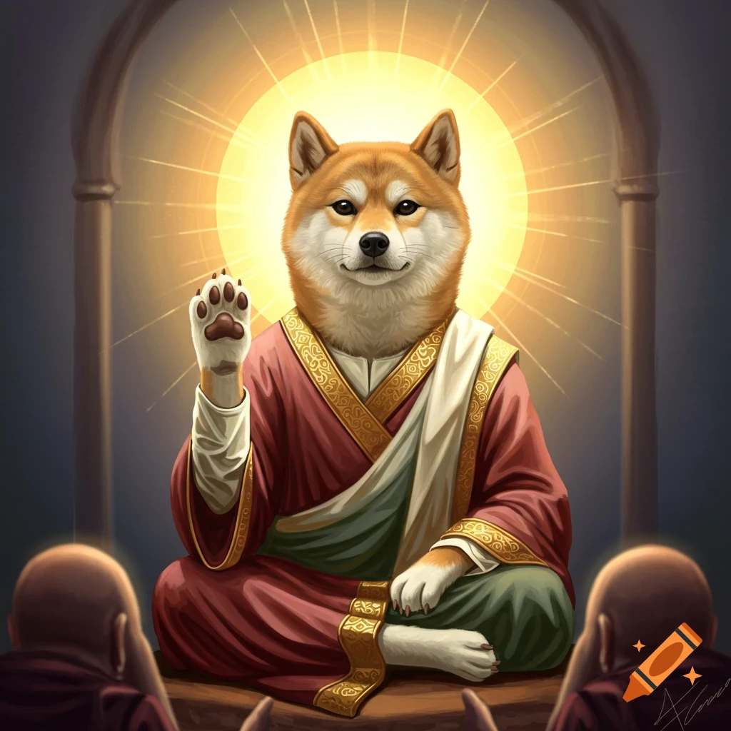 A Shiba Inu dog in red and white robes sits cross-legged, radiating ...