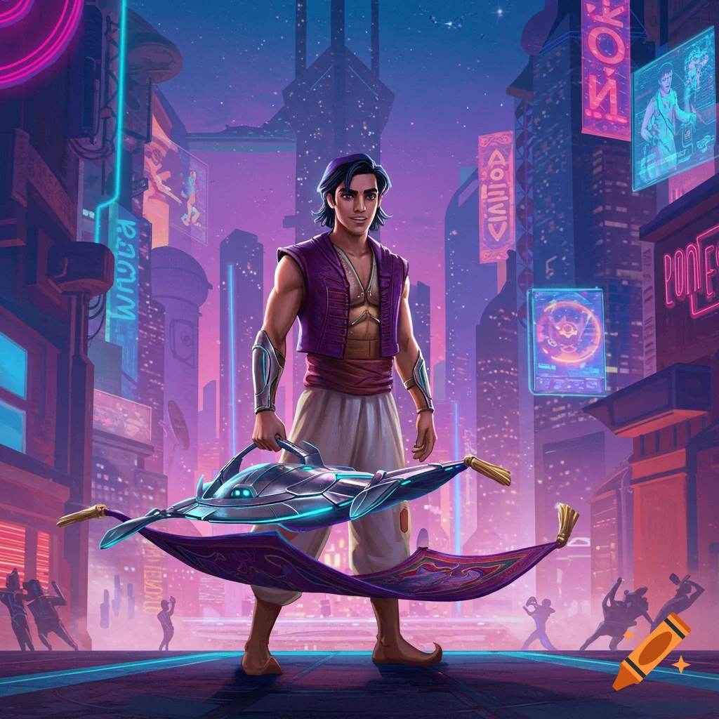 Aladdin stands in a futuristic cyberpunk city holding a metallic, sci ...