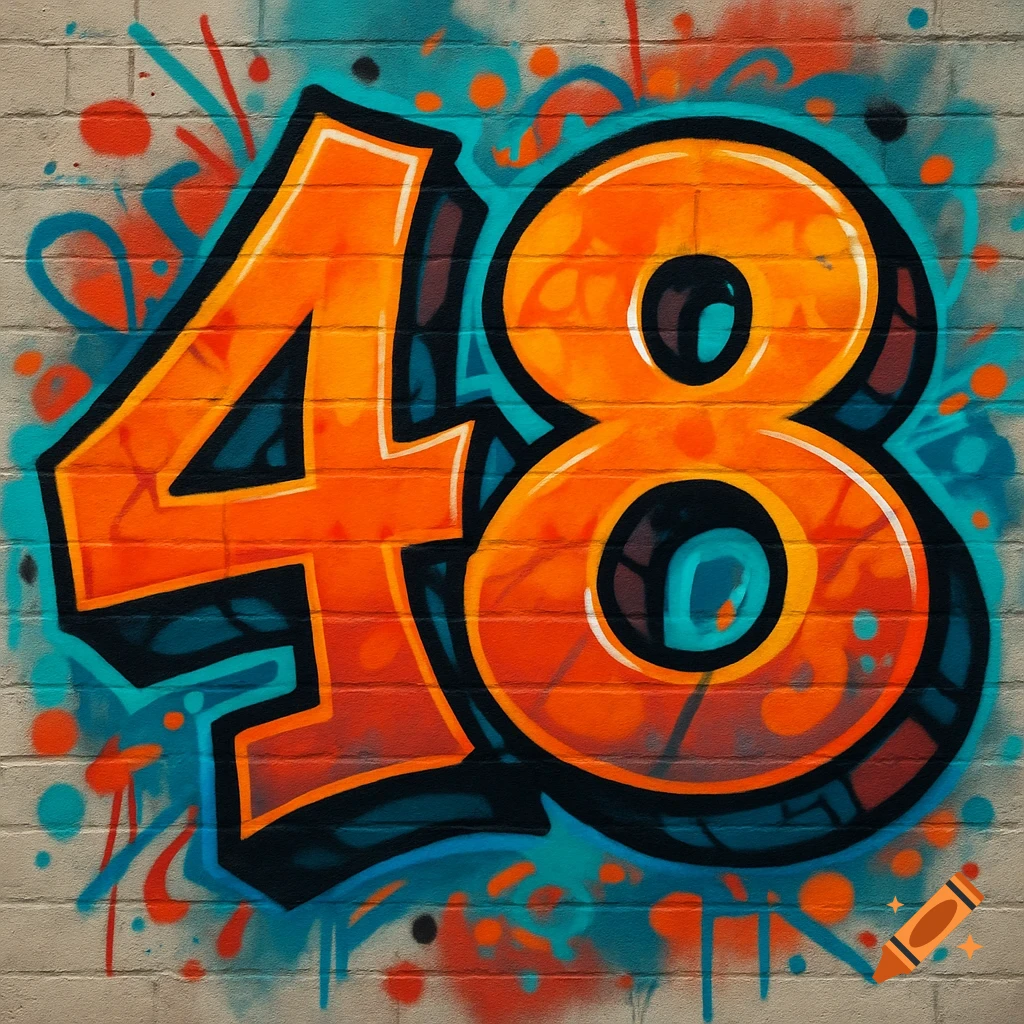 Graffiti art of the number 48 in orange and blue on a brick wall. on Craiyon