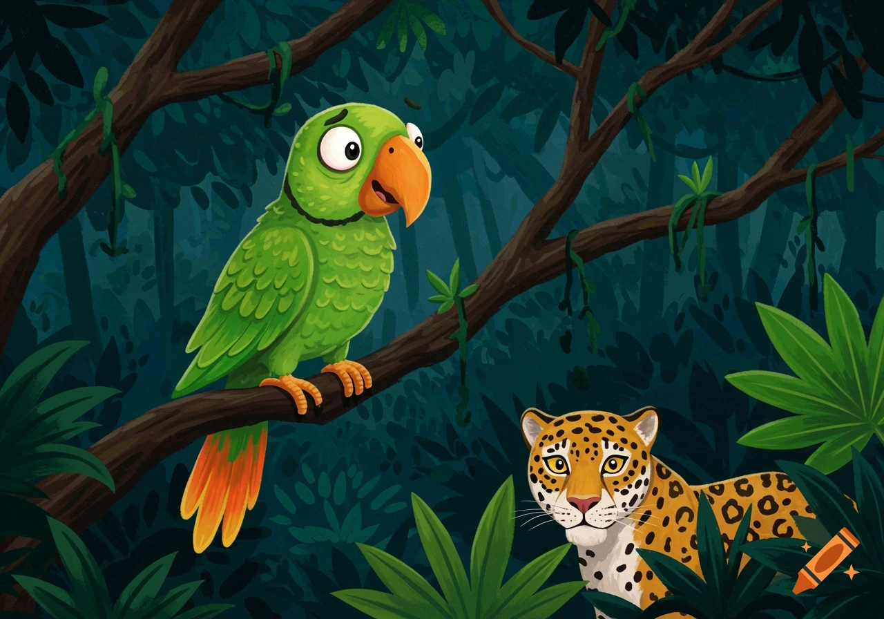 A frightened green parrot sits on a tree branch in a dark jungle ...