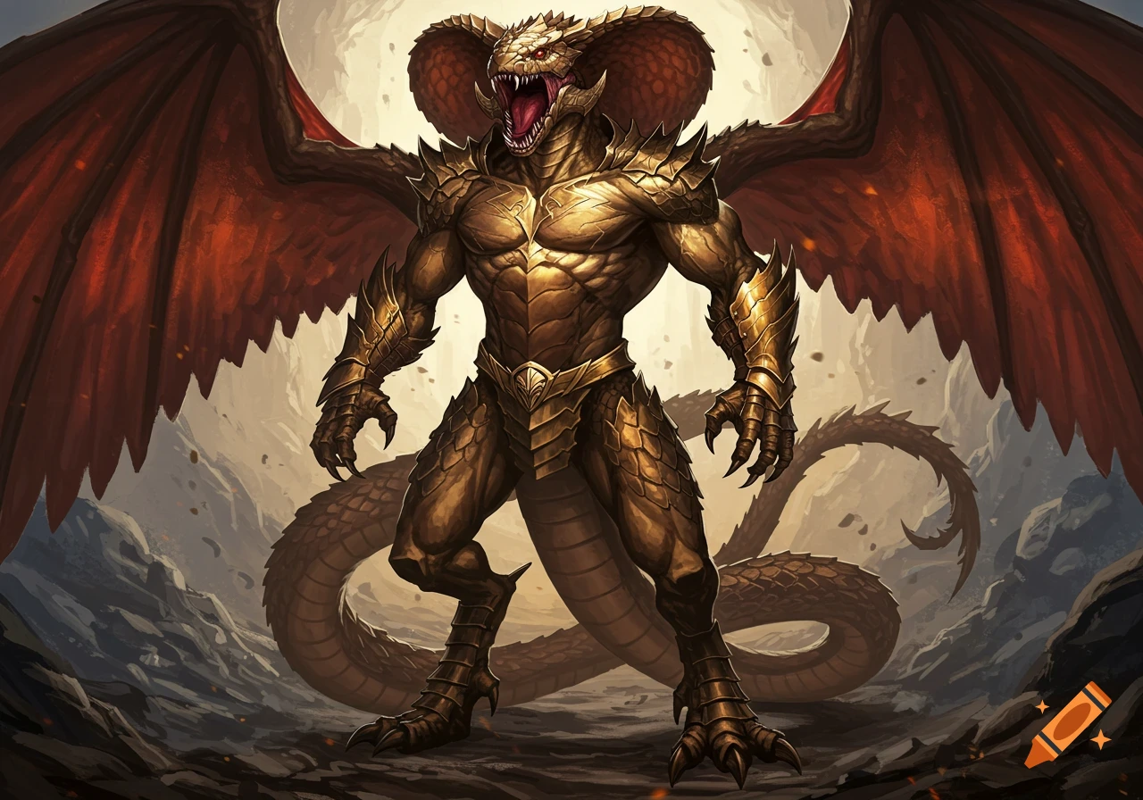 A golden, muscular winged dragon-cobra hybrid monster with a snarling ...