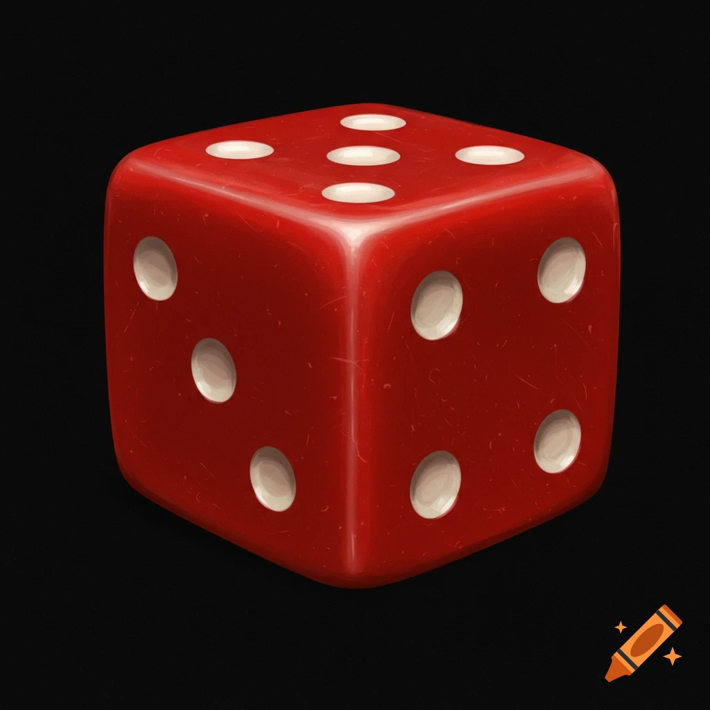 A close-up view of a red six-sided die with white pips against a solid ...