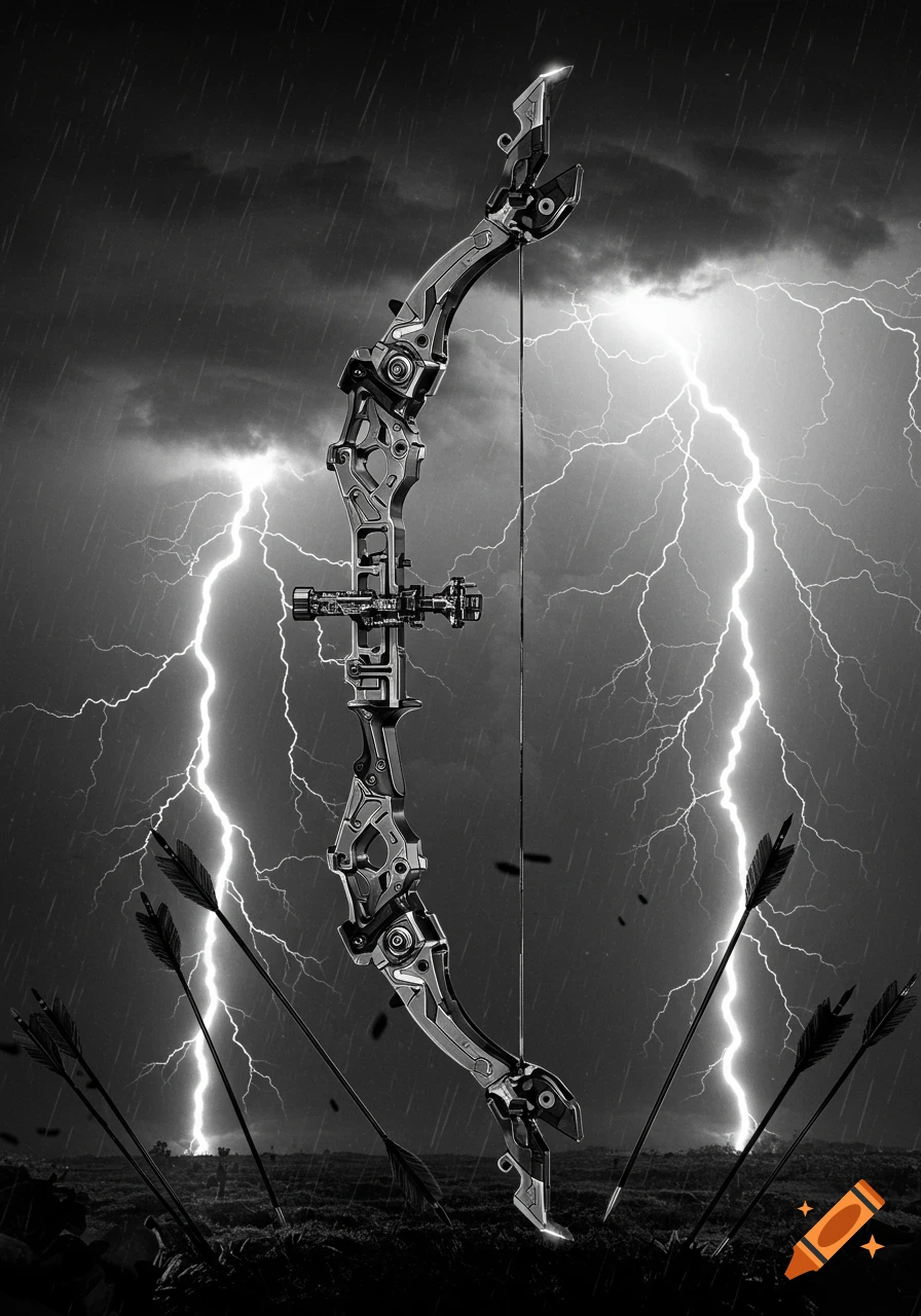 A high-tech bow stands in a field with scattered arrows under a stormy ...