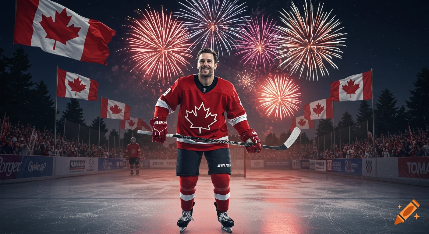 A smiling hockey player in a red Team Canada jersey stands on an ...