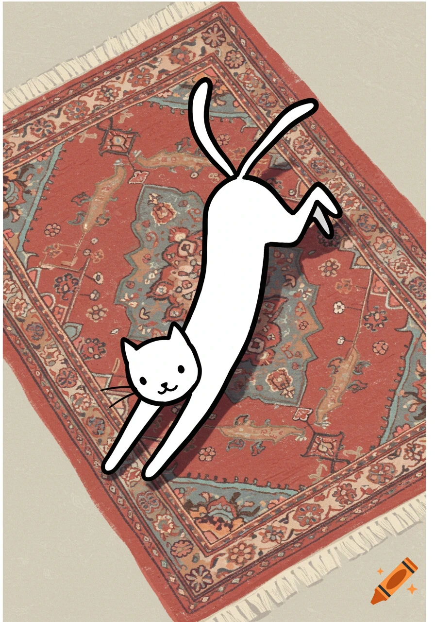 A simple white stick figure cat stretches on a detailed red Persian ...