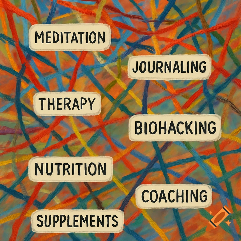 Abstract art with a messy web of colorful lines and white text boxes ...