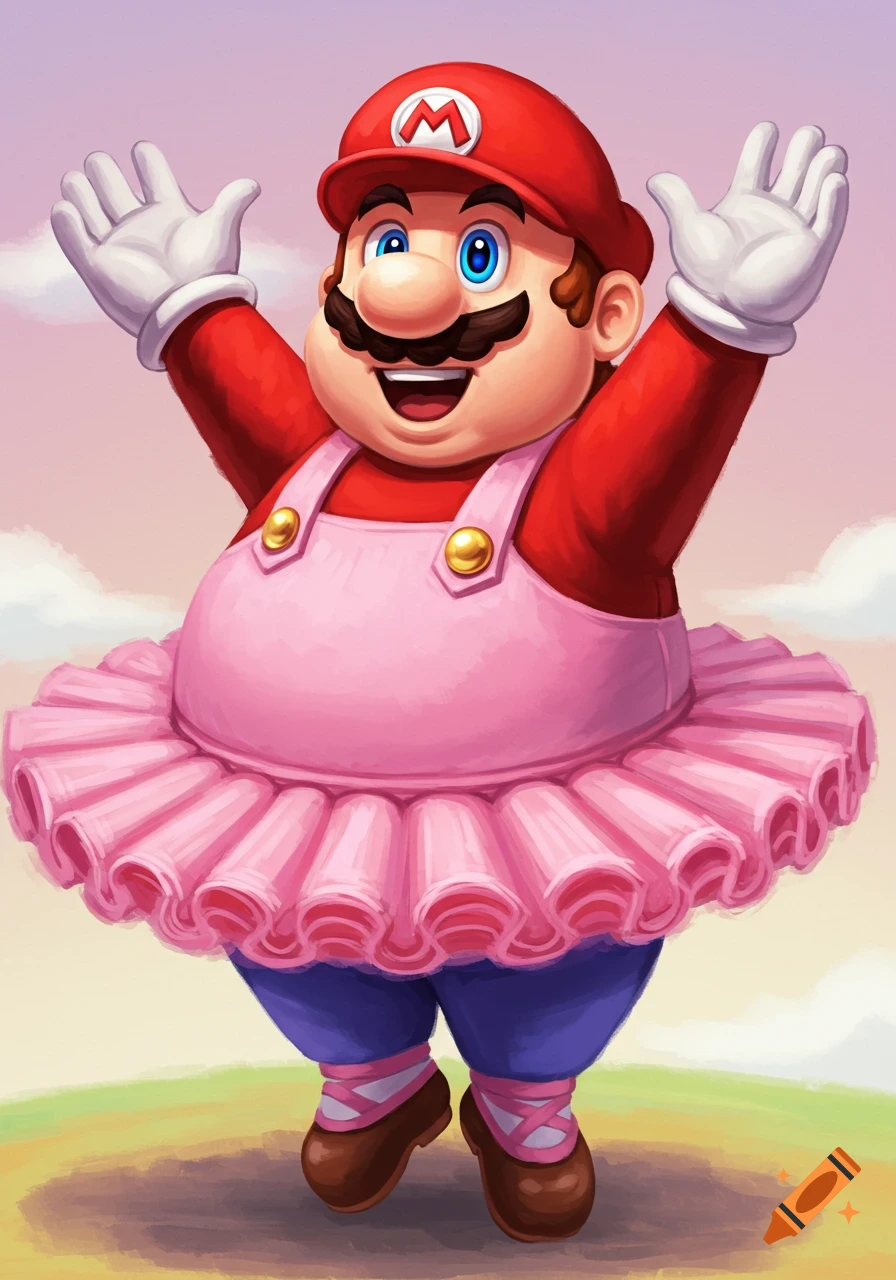 Cartoon illustration of a portly Mario wearing a pink ballet tutu with ...