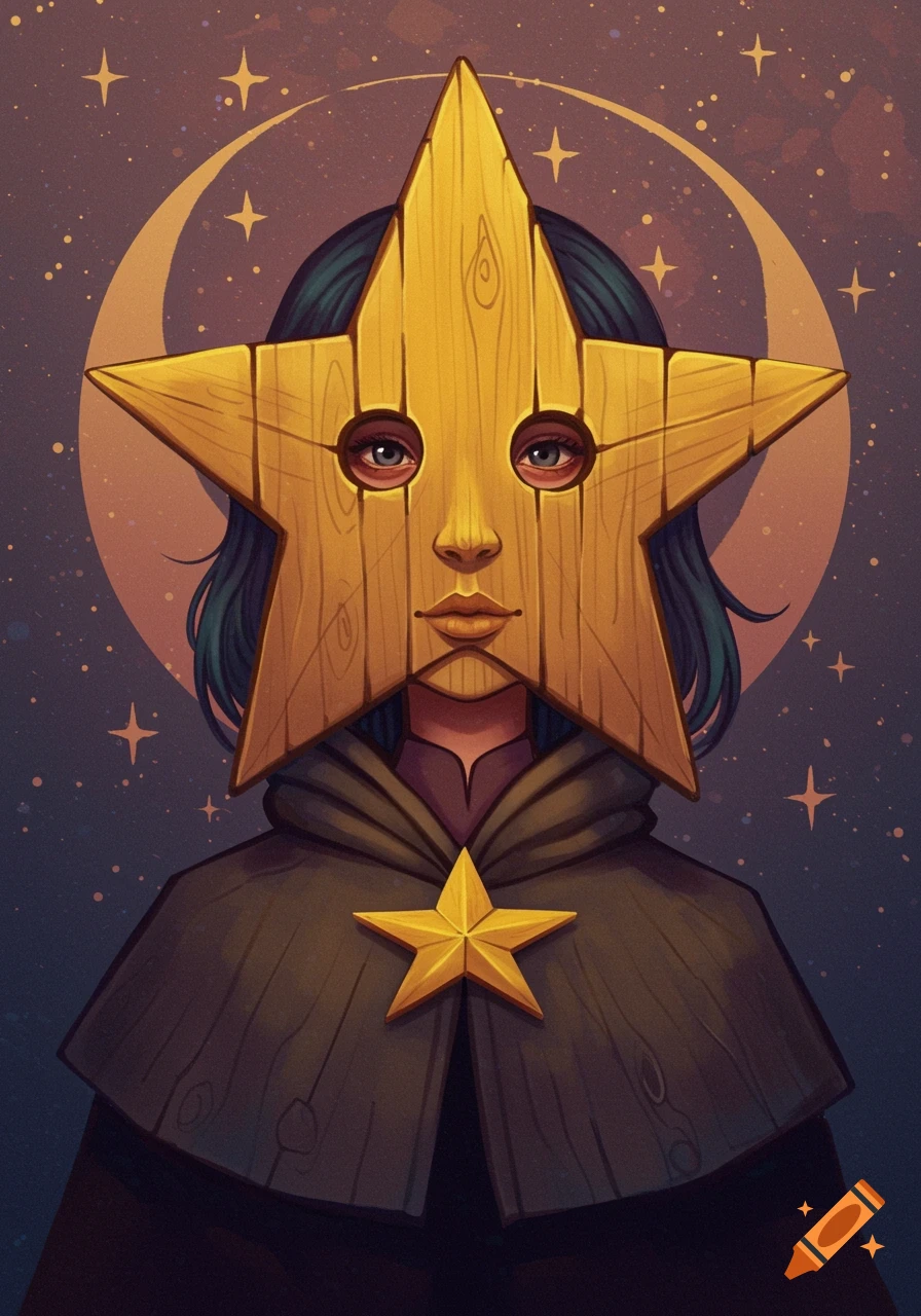 A stylized portrait of a person in a golden wooden star mask and dark ...