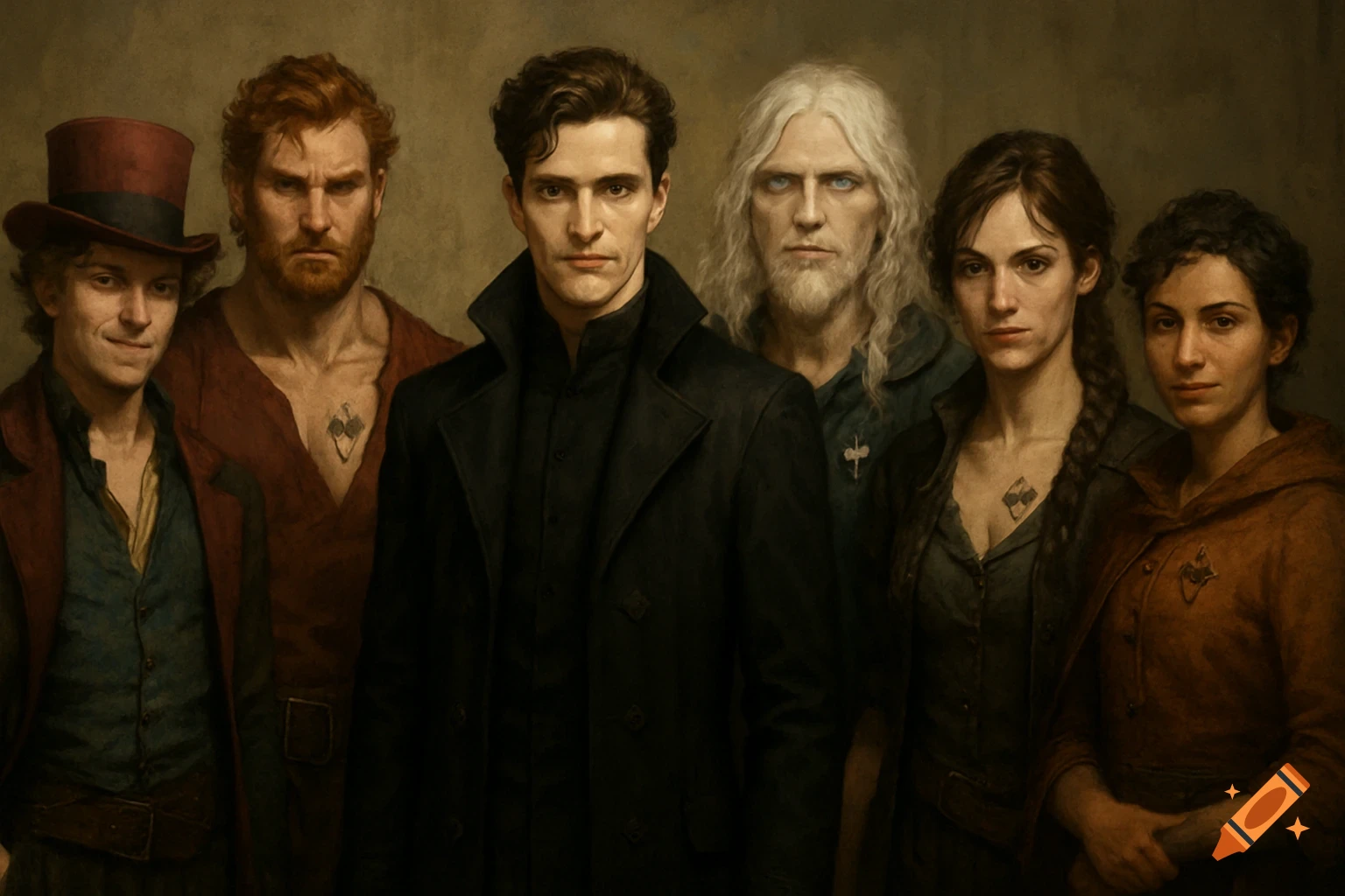 A painterly group portrait of six fantasy characters: four men and two ...