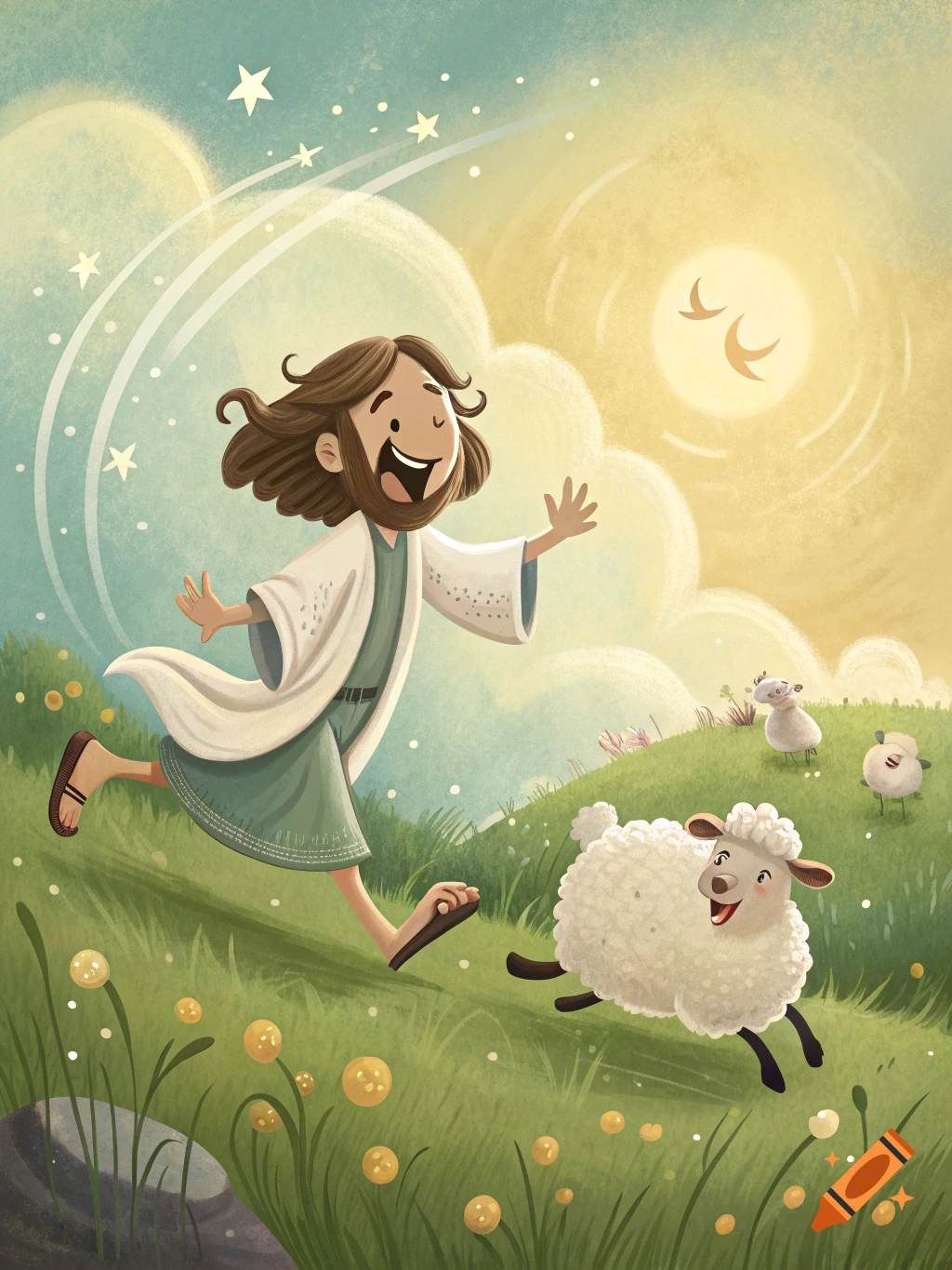 Cartoon illustration of Jesus happily running down a grassy hill with a ...