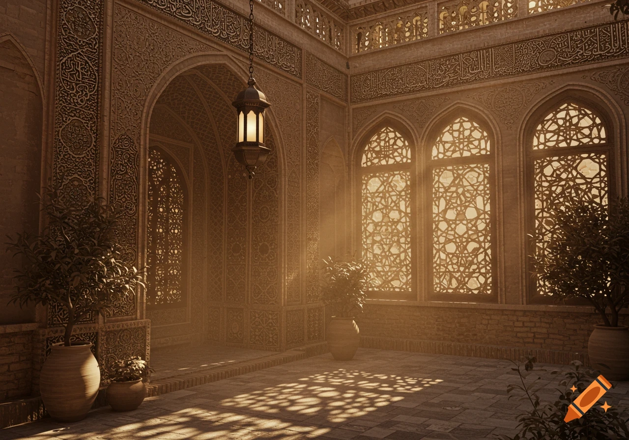 A sunlit traditional Middle Eastern courtyard with intricate arched ...
