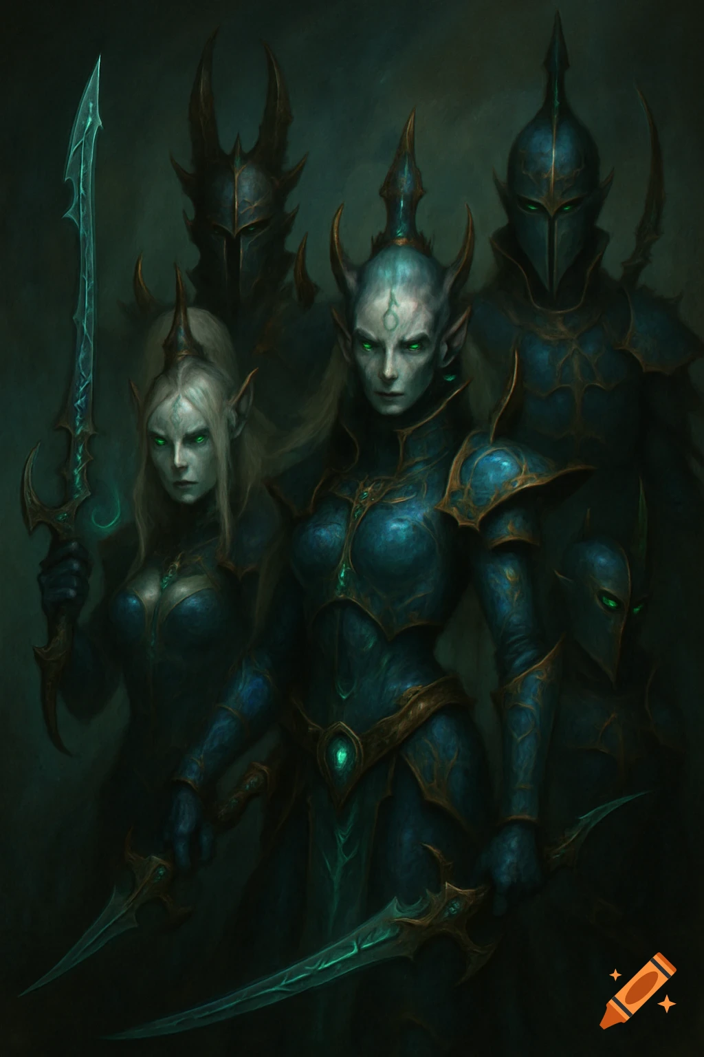 A group of armored Dark Elves with pale skin and glowing green eyes ...