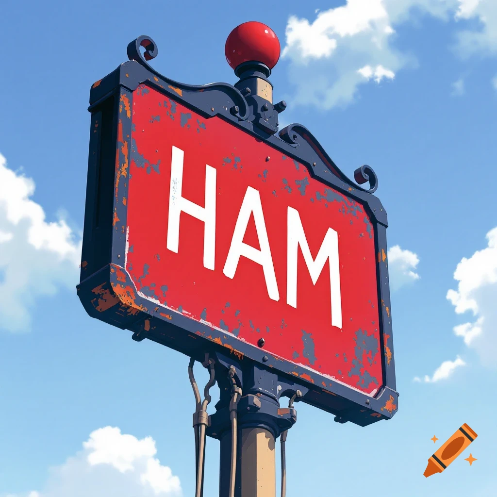 A weathered red street sign with the word HAM in white letters, topped ...