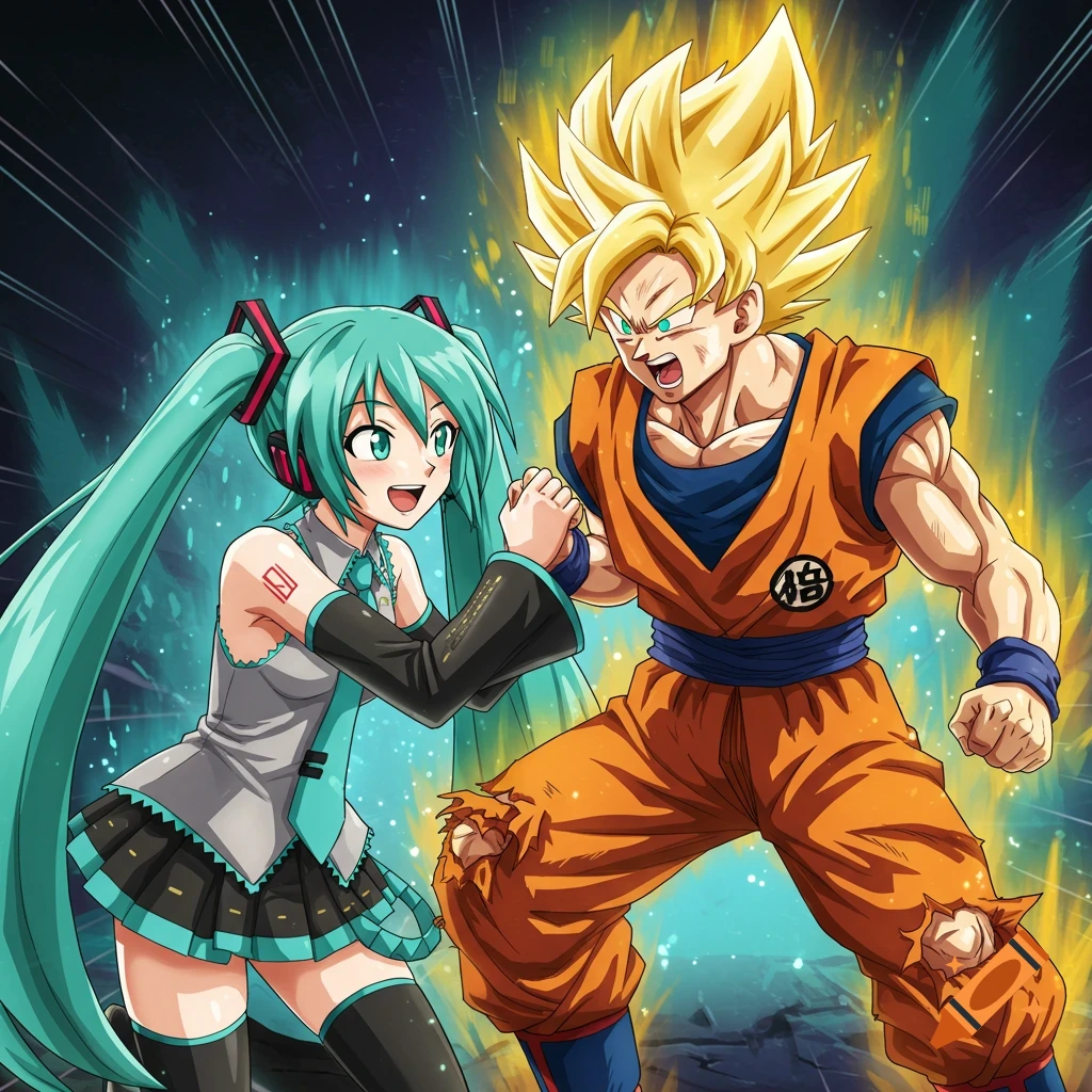 Hatsune Miku and Super Saiyan Goku dap hands in a vibrant anime art ...