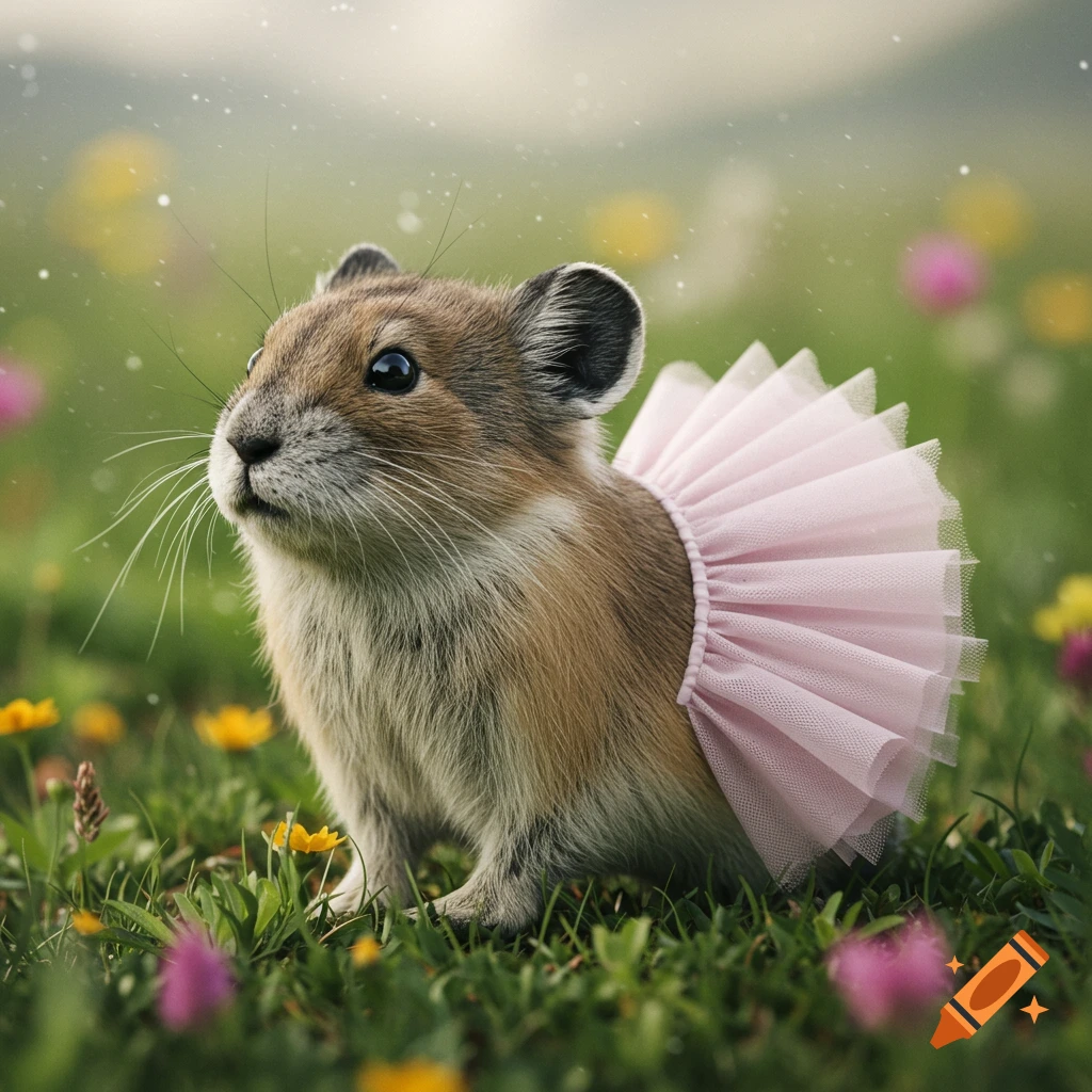 A hyperrealistic American Pika wearing a pink tutu stands in a grassy ...