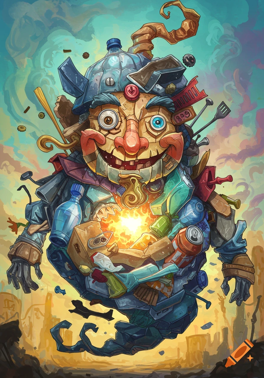 A whimsical genie-like character made of colorful trash and discarded ...