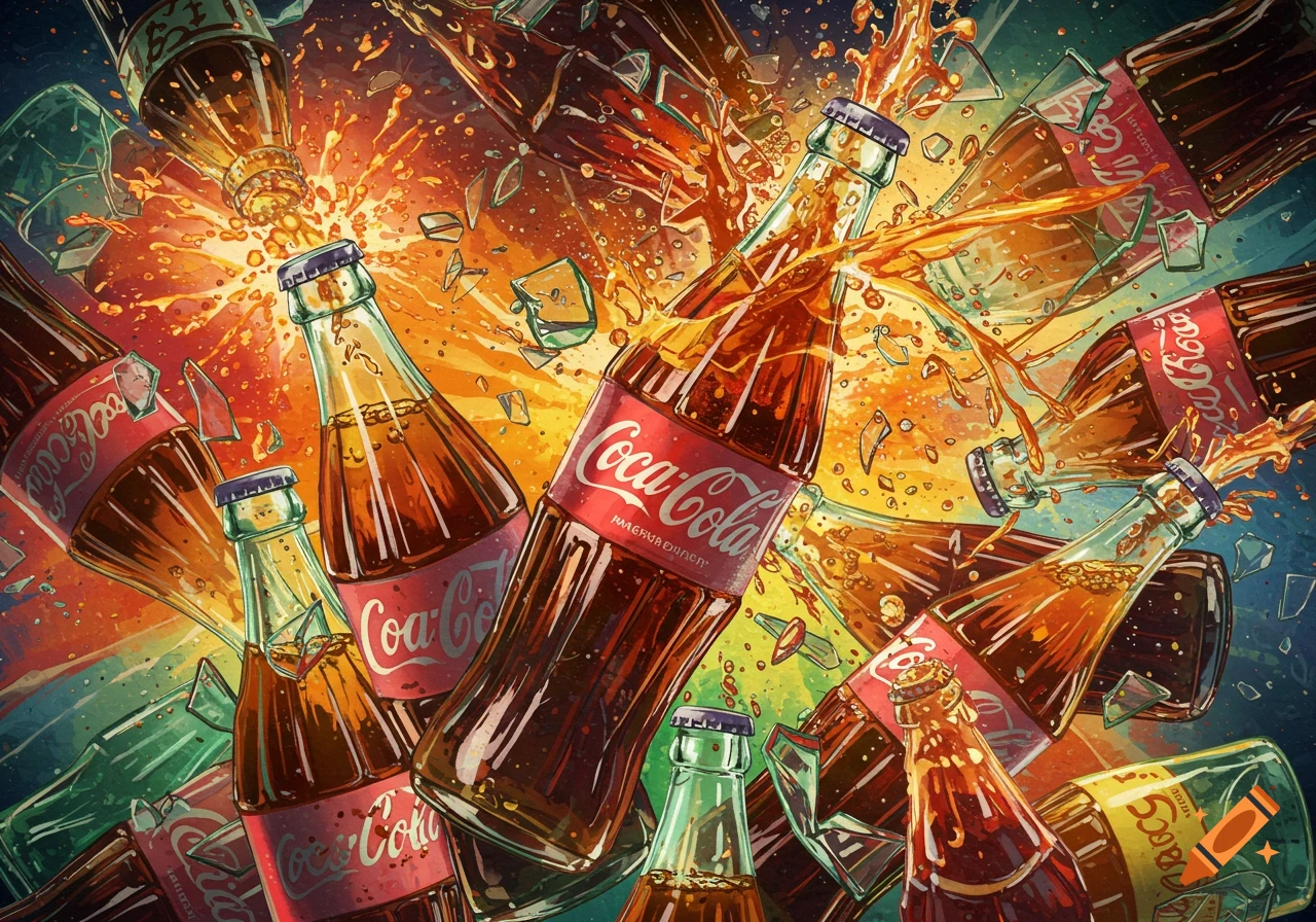 Vibrant illustration of multiple Coca-Cola bottles exploding, with ...